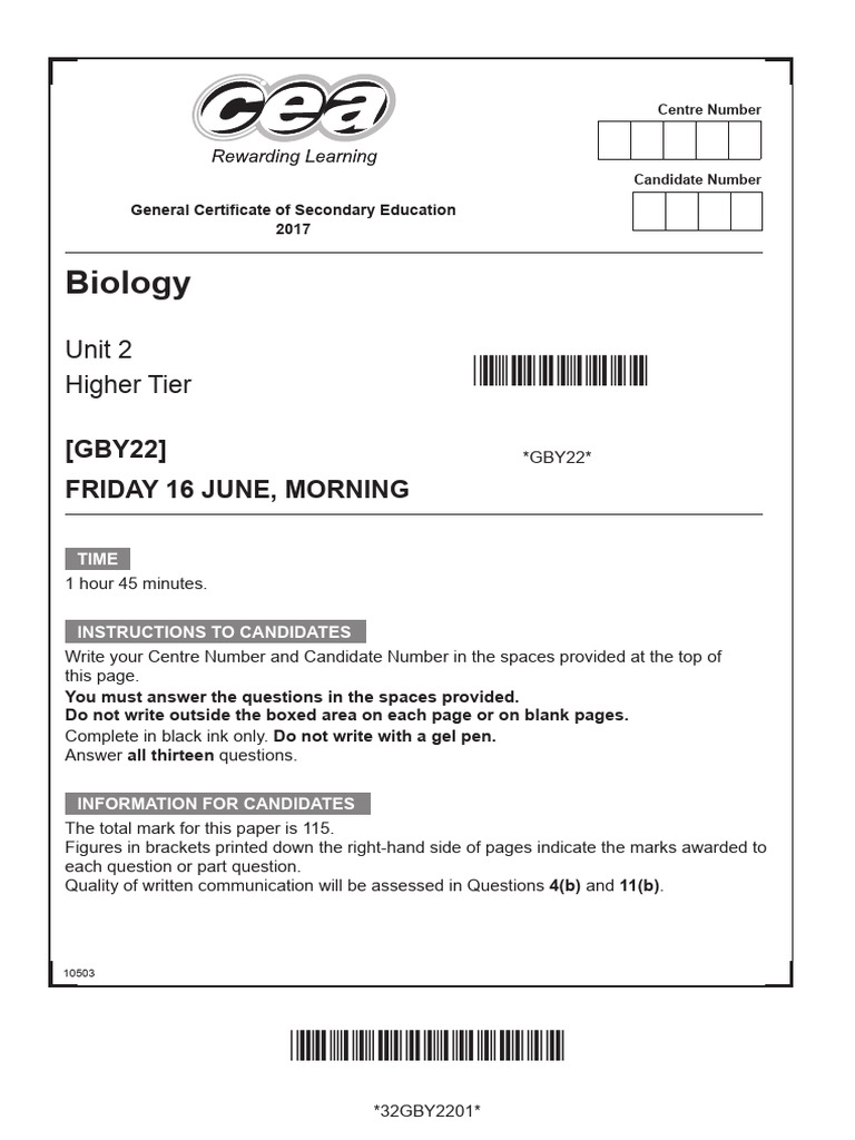 GCSE BIOL Past Papers Mark Schemes Standard MayJune Series 2017 26172 ...