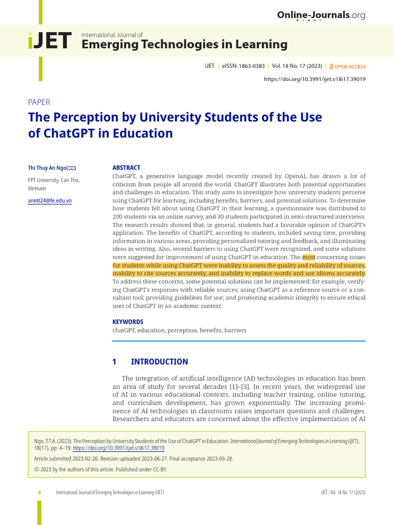 The Perception by University Students of The Use of ChatGPT in Education | PDF | Artificial ...