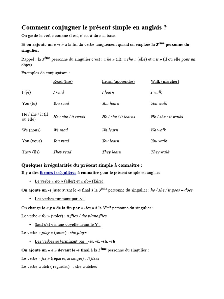5d Anglais 029 Conjuguer Le Present Simple Linget | PDF | Verbe ...