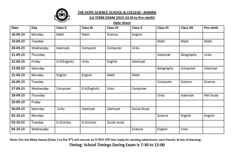 First Term Date Sheet-2023 | PDF
