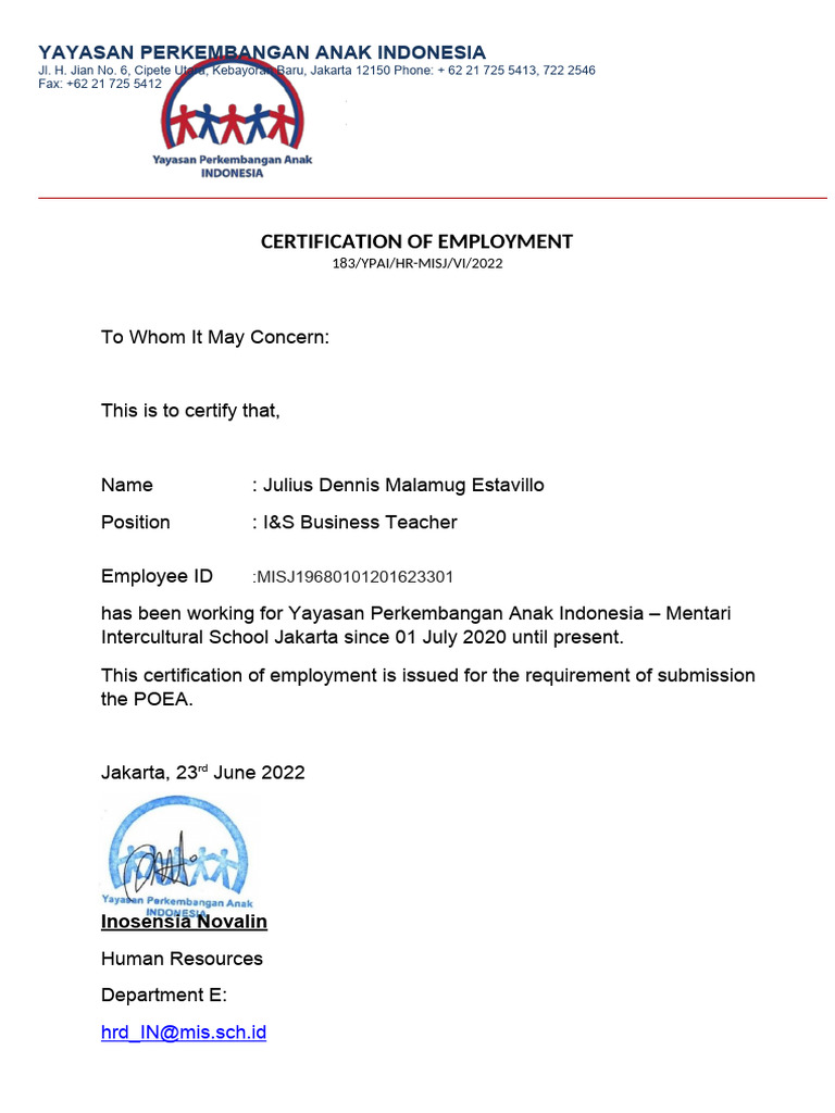 Certification of Employment - Julius Dennis (For Poea) | PDF | Wellness