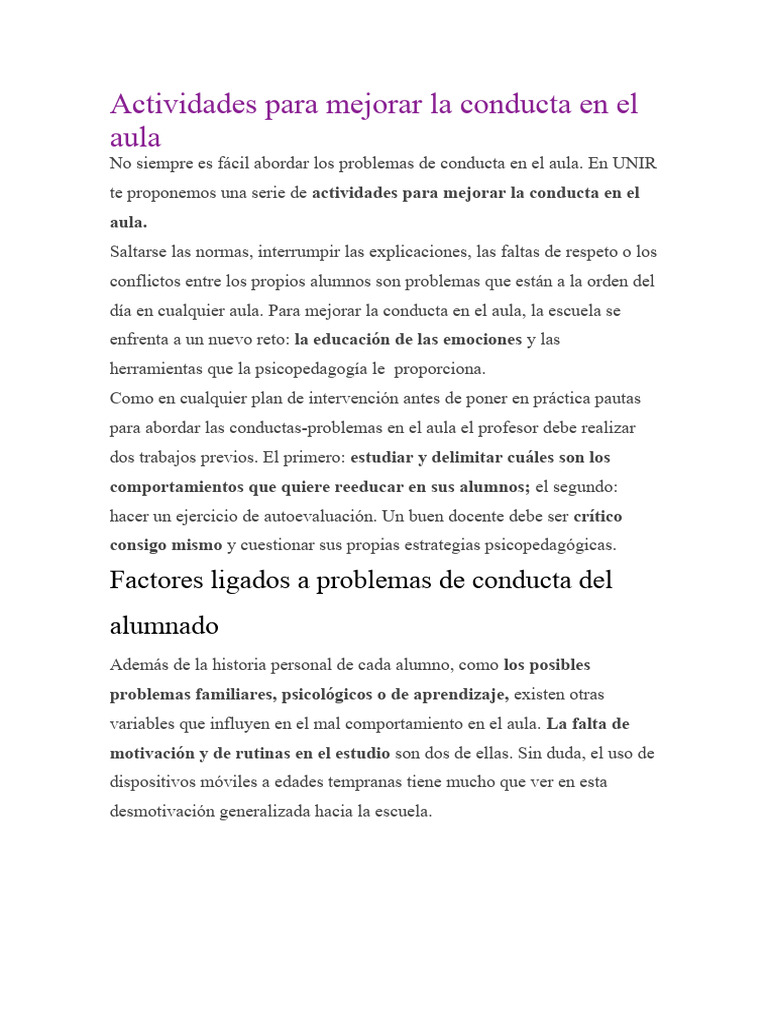 Actividades para Mejorar Conducta Escolar | PDF | Salón de clases ...