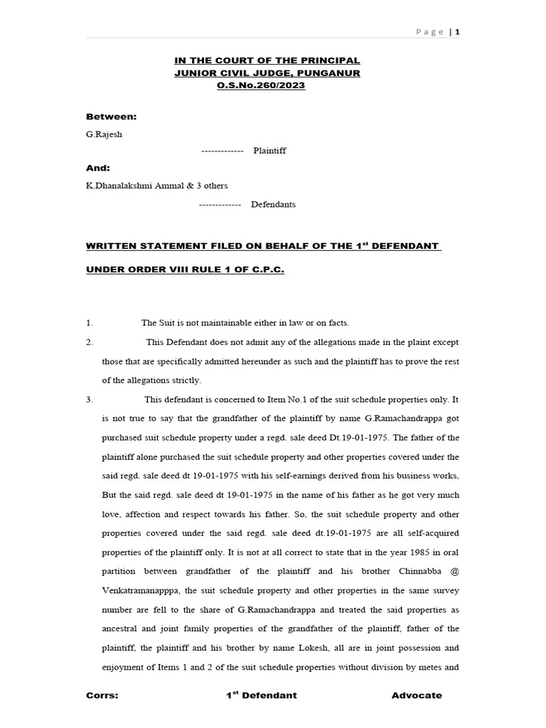 K Dhana Lakshmi Ammal Written Statement | PDF | Lawsuit | Deed