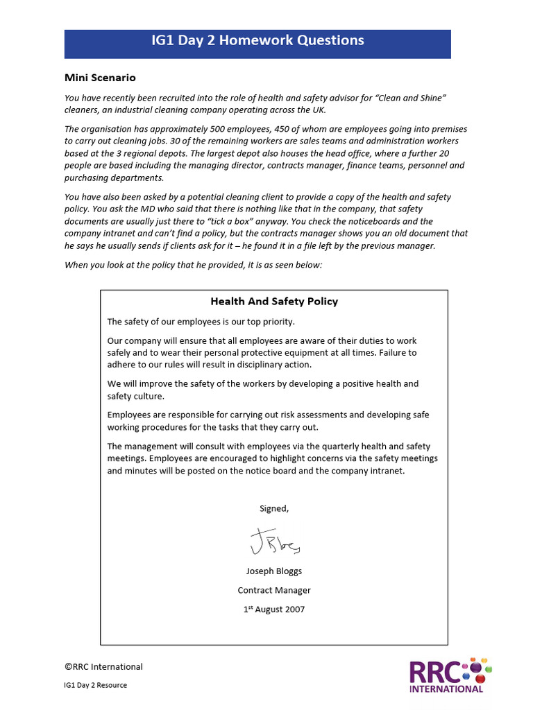 IG1 Day 2 Homework Questions | PDF | Occupational Safety And Health | Employment