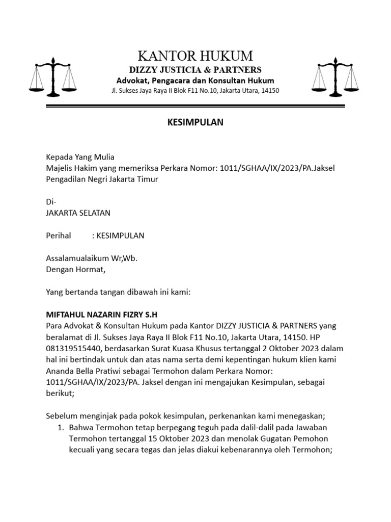 Surat Kesimpulan Jawaban Gugatan | PDF