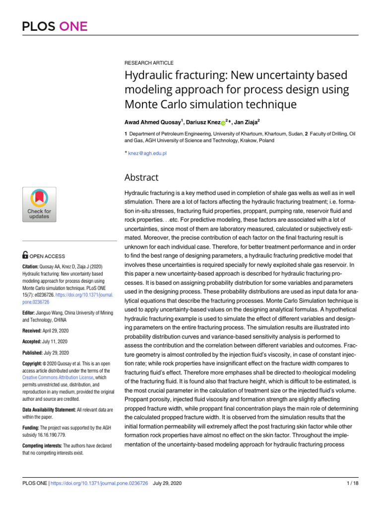Hydraulic Fracturing: New Uncertainty Based Modeling Approach For Process Design Using Monte ...