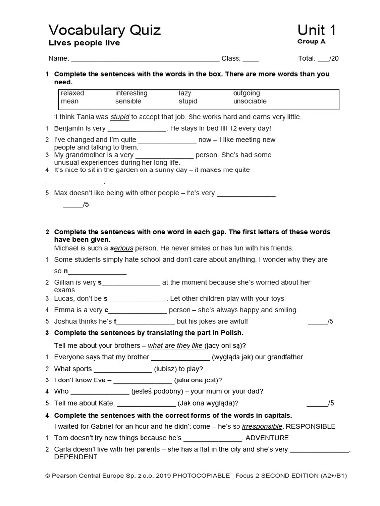 Focus 2 2ed Vocabulary Quiz Unit1 GroupA | PDF