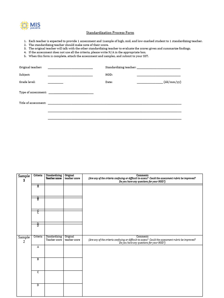 Assessment Standardization Form | PDF