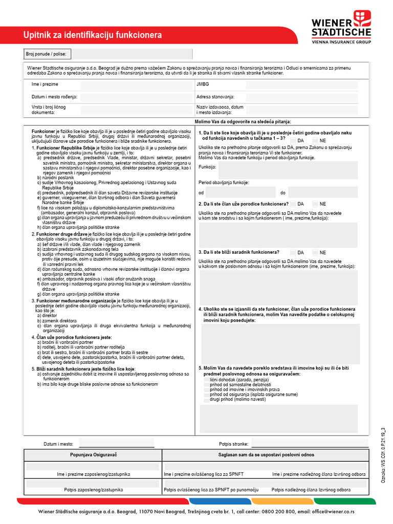 Upitnik Za Identifikaciju Funkcionera Okt 2022 | PDF