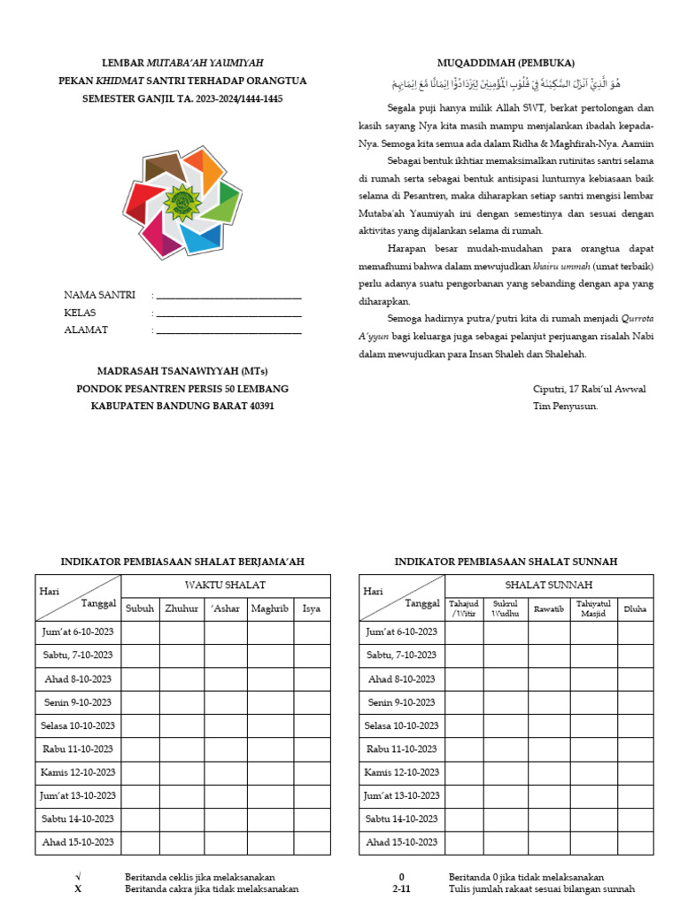 Mutaba'ah Yaumiyah Santri Pesantren | PDF