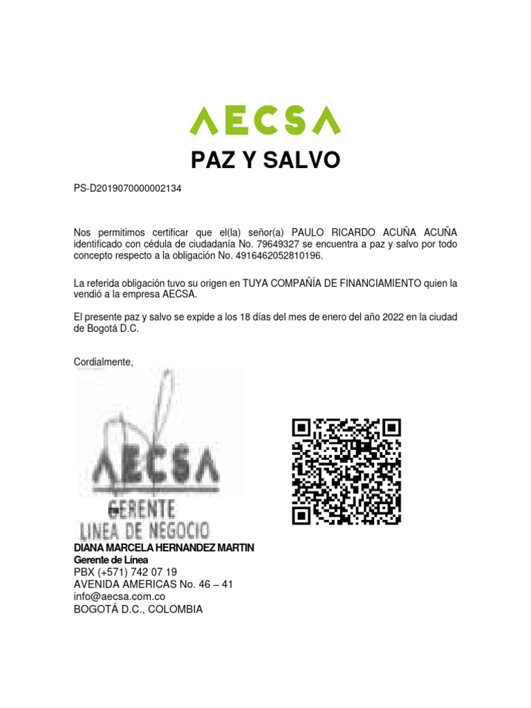 Paz y Salvo Aecsa | PDF