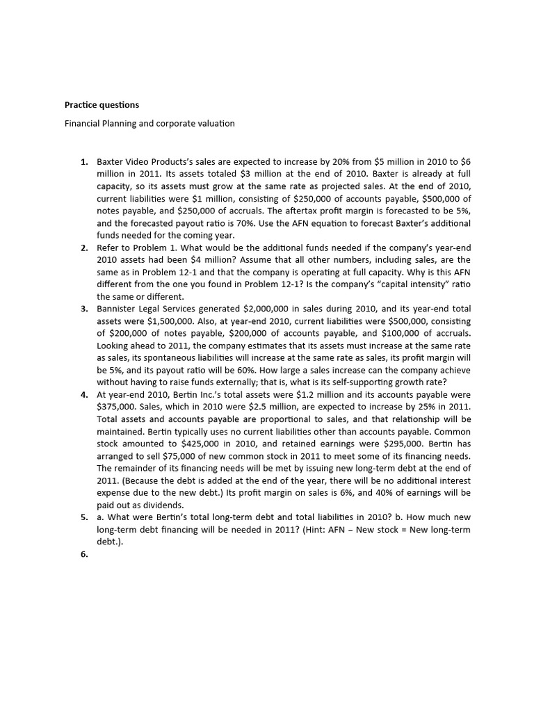 Practice Questions On Financial Planning and Corporate Valuation | PDF ...