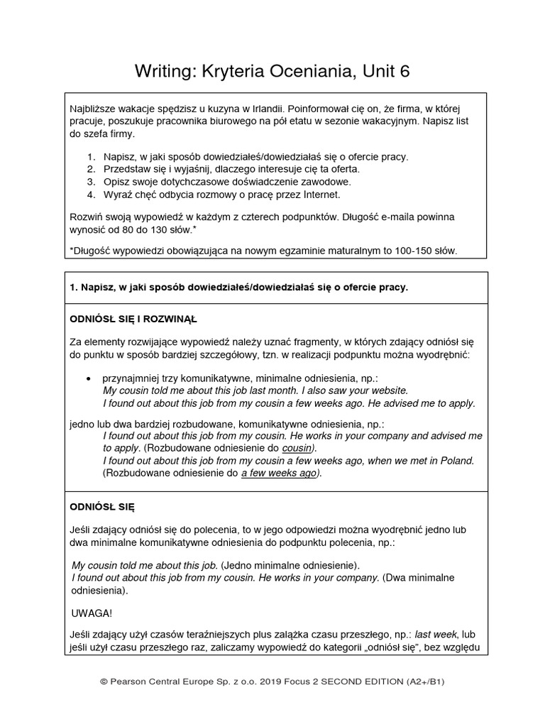 Focus 2 Kryteria Oceniania Writing Unit6 KP - Fordesign | PDF