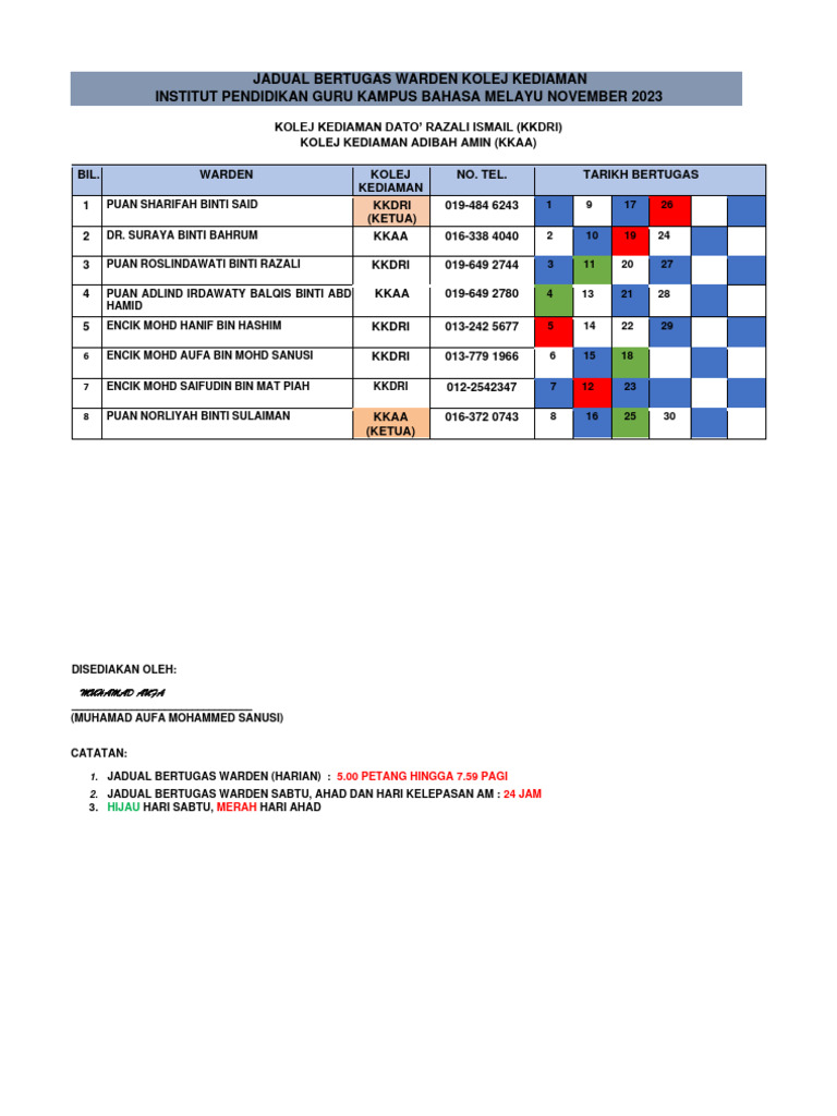 Jadual Bertugas Warden November 2023 | PDF