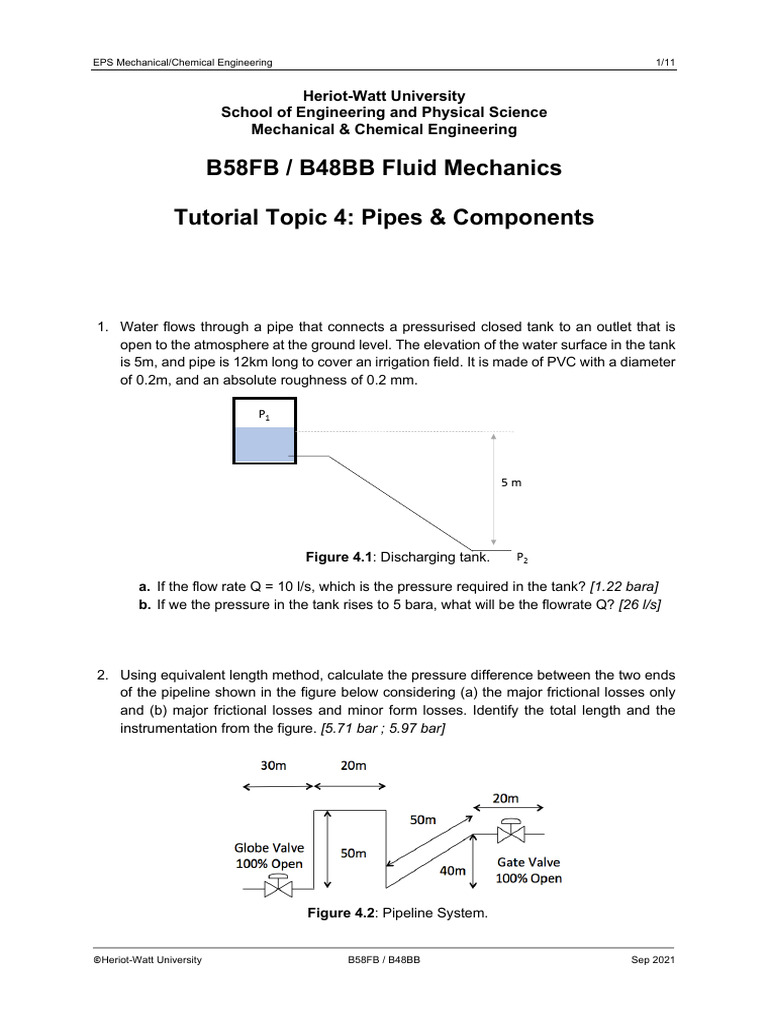 Fluids Mechanics - Topic 4 - Tutorial-5 | PDF | Pipe (Fluid Conveyance) | Pressure