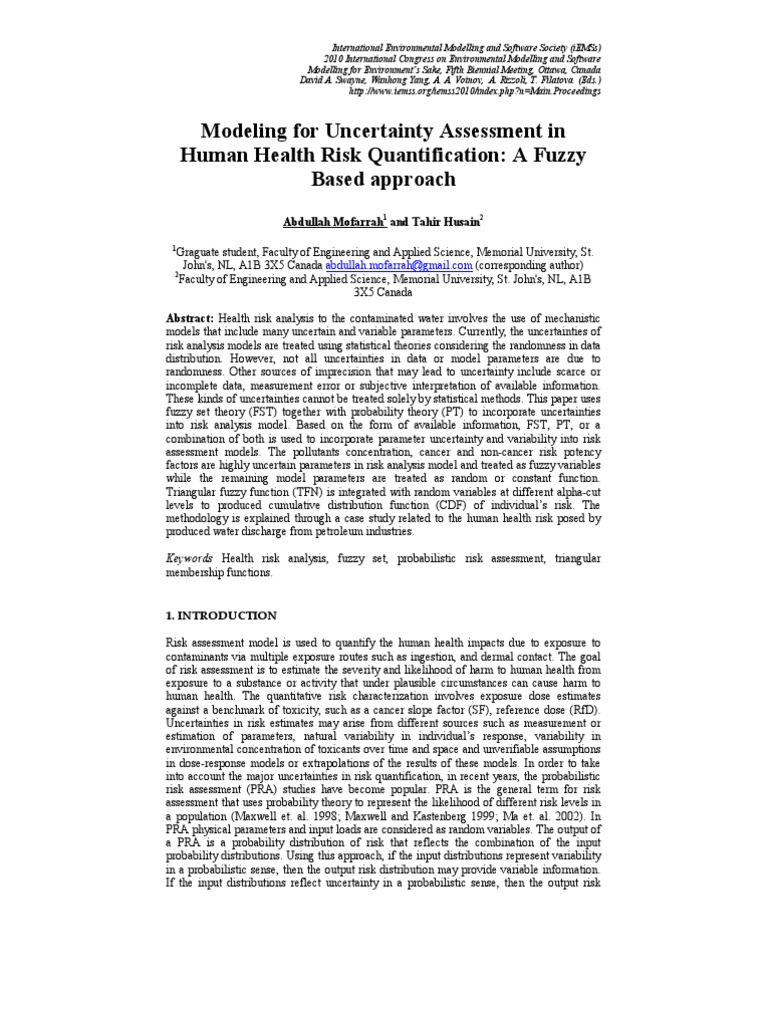 Modeling For Uncertainty Assessment in Human Health Risk Quantification: A Fuzzy Based Approach ...