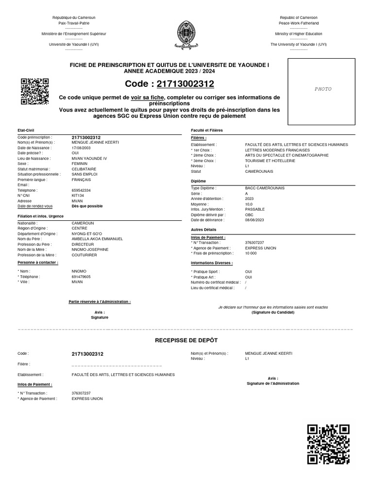 Fiche de préinscription UY1 2023/2024 | PDF