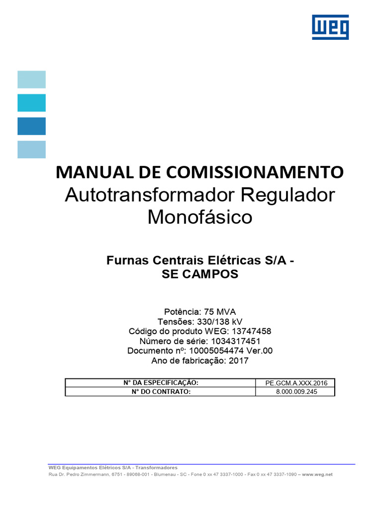 Manual de Comissionamento WEG | PDF | Transformador | Resistência elétrica e condutividade