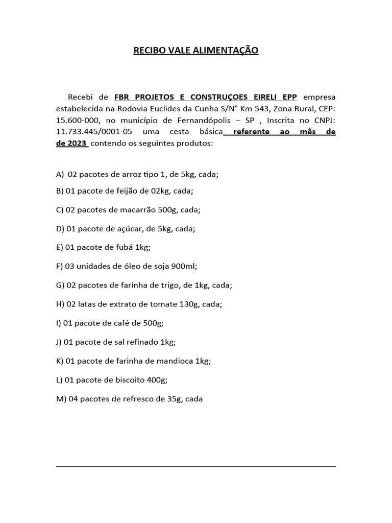 Recibo Cesta Basica Sinop | PDF