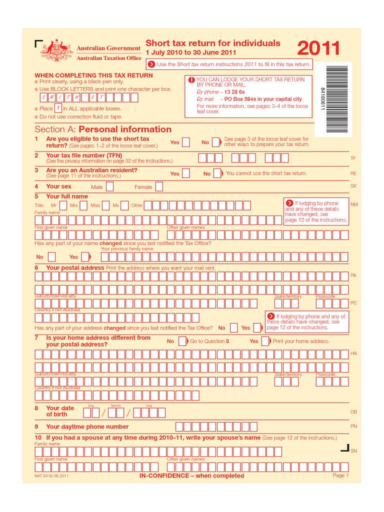 2011 Short Tax Return for Individuals | PDF | Tax Return (United States ...