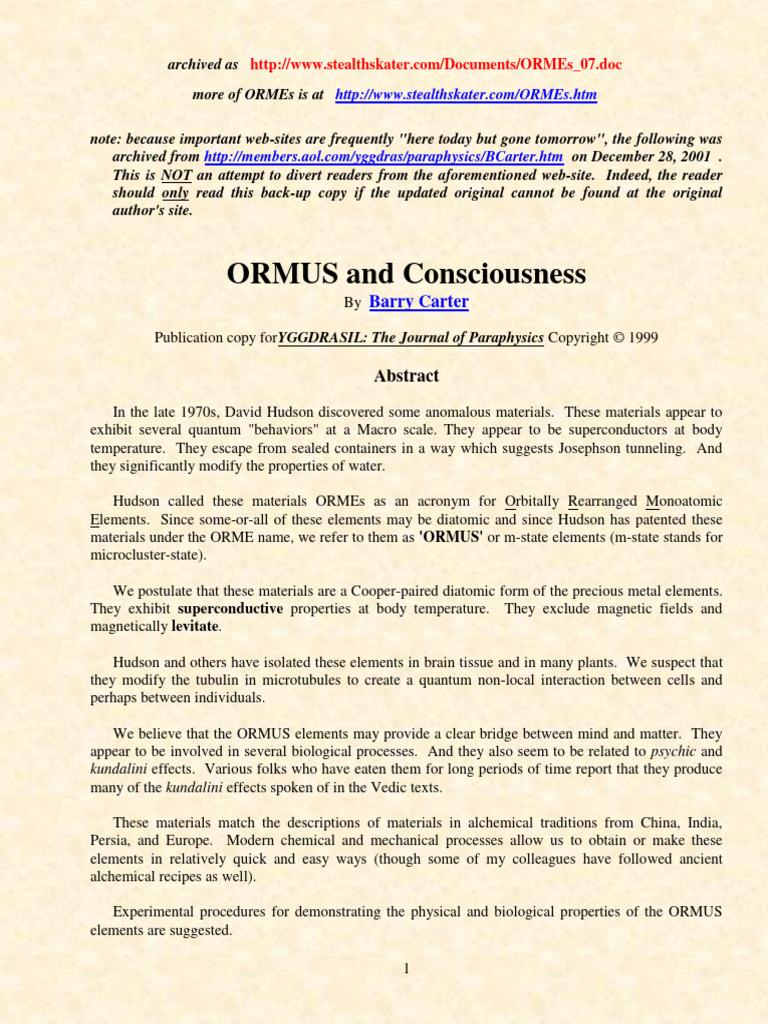 Ormus & Consciousness - Barry Carter | PDF | Superconductivity | Physics