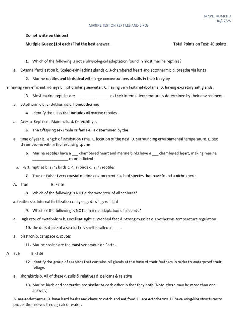 Marine Test On Reptiles and Birds3 | PDF | Reptile | Turtle