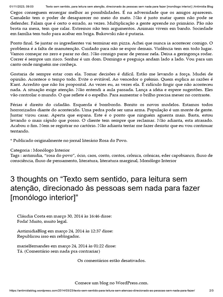 Texto Sem Sentido, para Leitura Sem Atenção, Direcionado Às Pessoas Sem ...