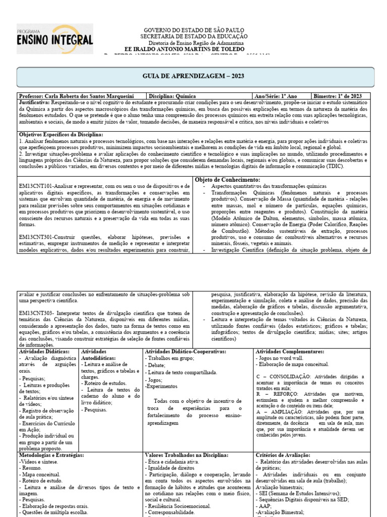 Química 1o Ano A Pdf Science Química