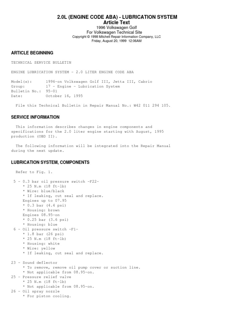 2.0L (Engine Code Aba) - Lubrication System Article Text | PDF ...