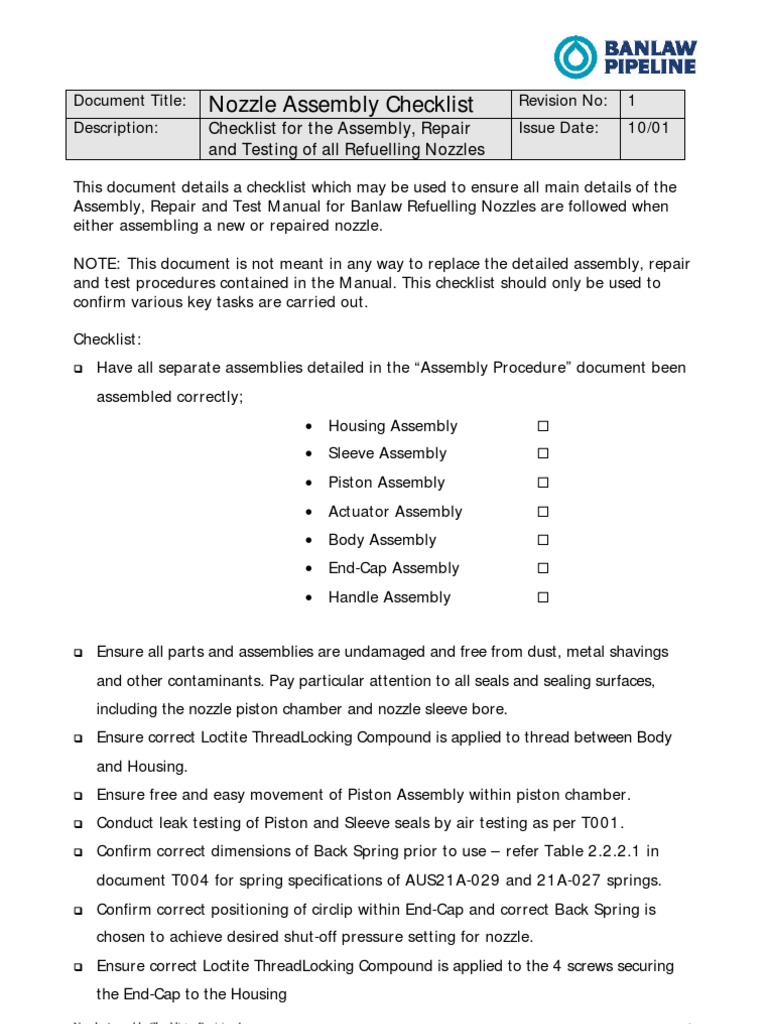 Bam 800 Nozzle Manual - Assembly Checklist | PDF | Leak | Nozzle