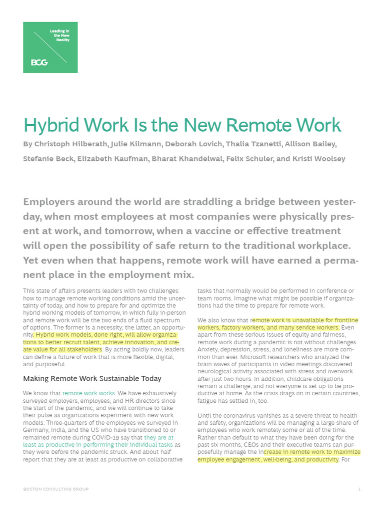 BCG Hybrid Work Is The New Remote Work Sep 2020 | PDF | Employment ...