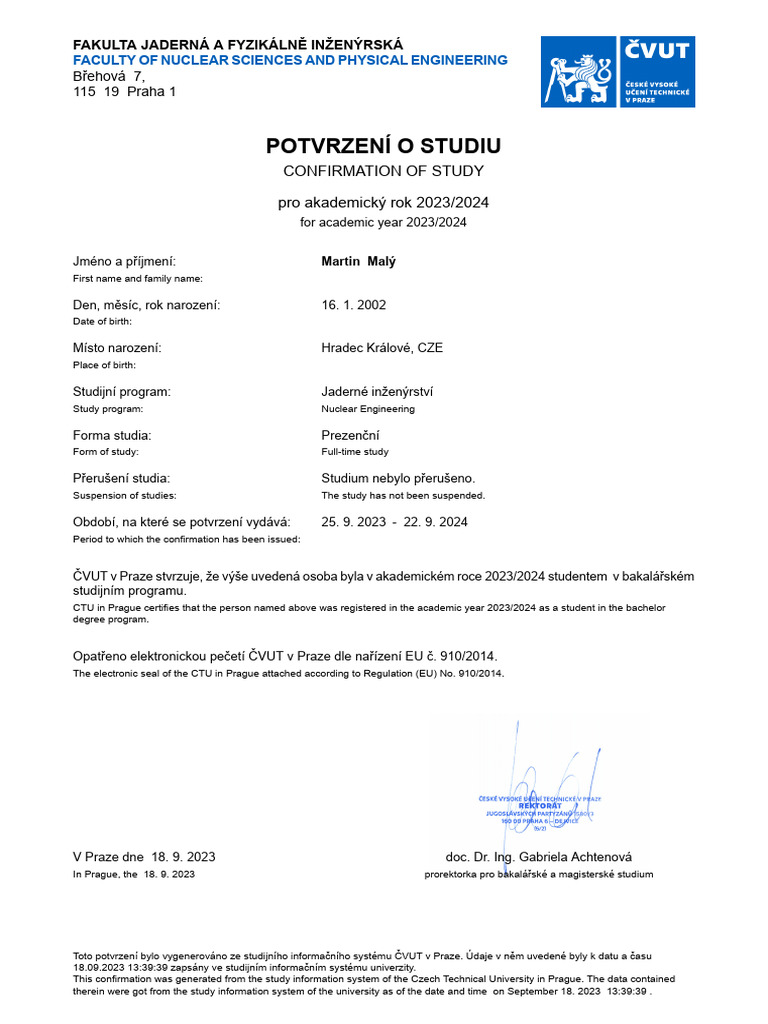 Potvrzení o Studiu 2023 2024 | PDF