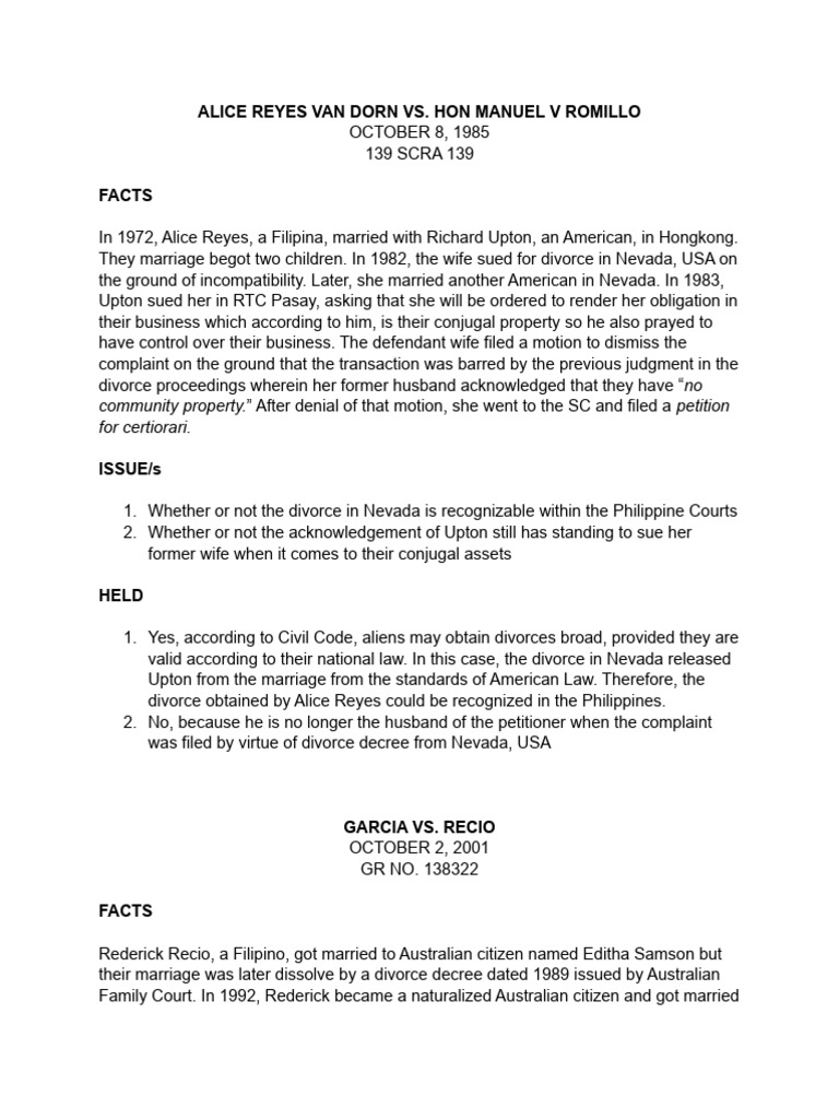 3 Cases Digested in Relation To Art 15 Family Code | PDF | Divorce | Marriage