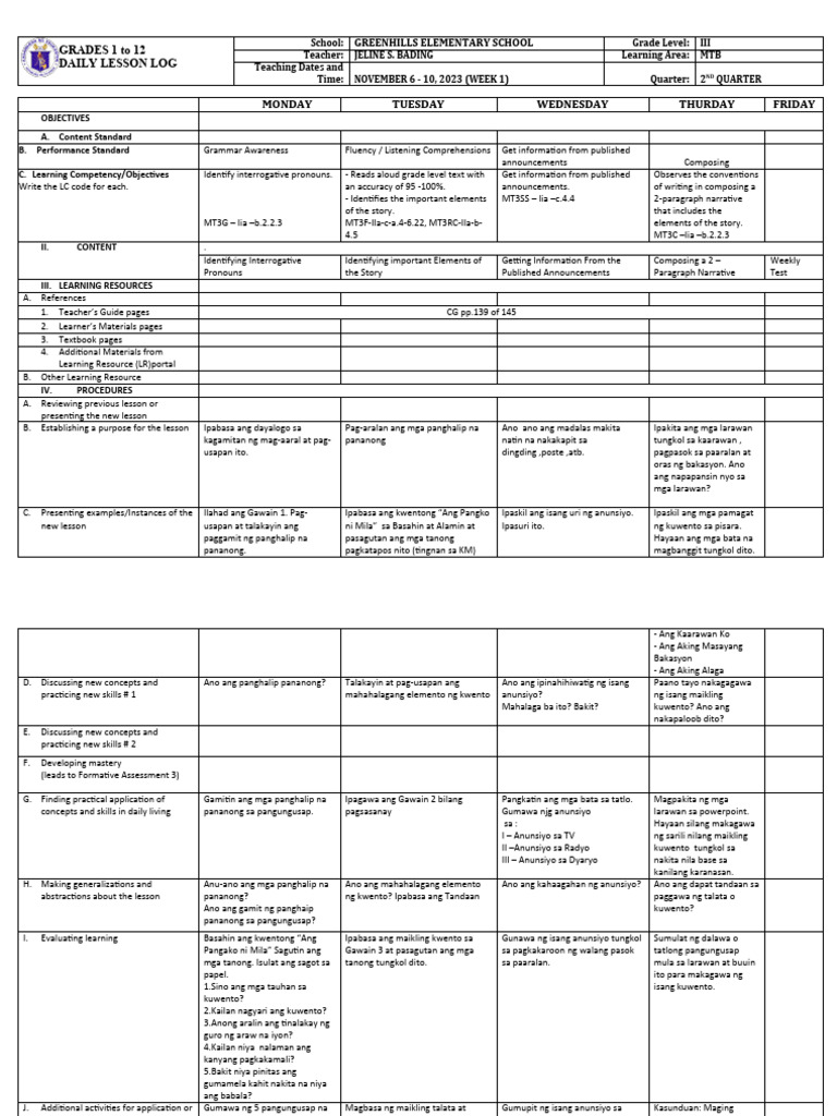 DLL - MTB 3 - Q2 - W1 | PDF