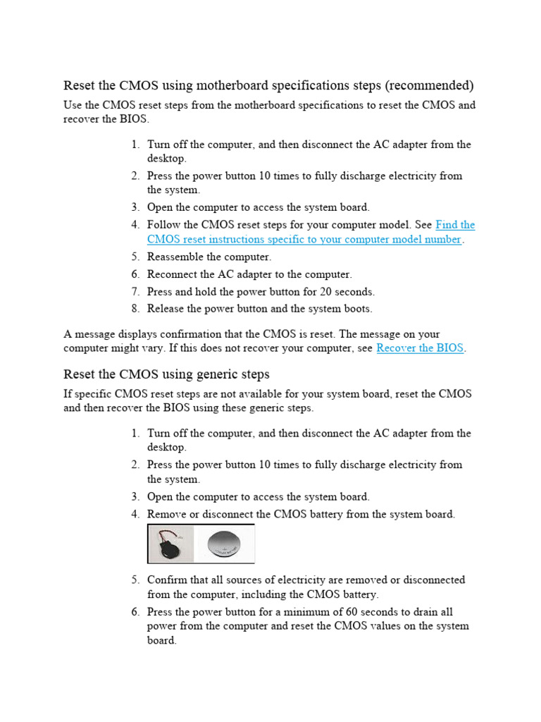 Reset The CMOS Using Motherboard Specifications Steps | PDF | Bios ...