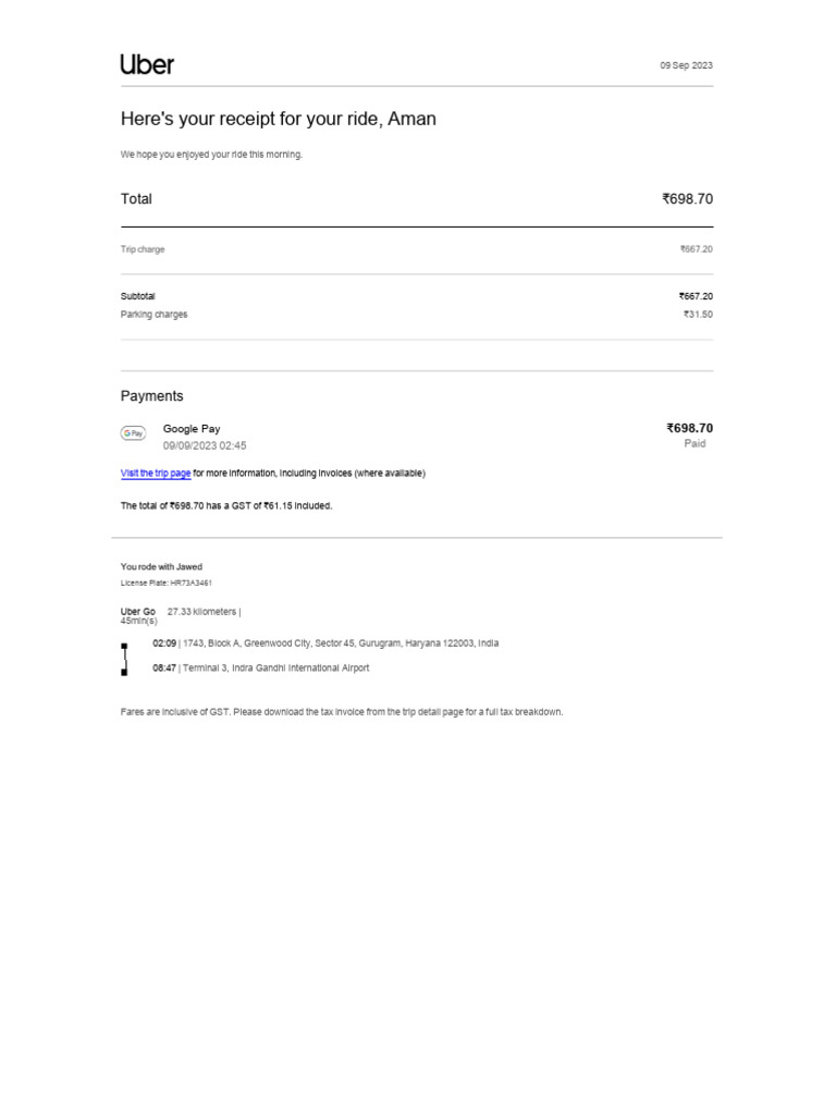 Uber Ride Receipt - Gurugram to Airport | PDF