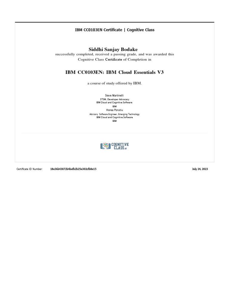 IBM Cloud Essentials V3 Certificate Awarded | PDF | Business | Technology & Engineering