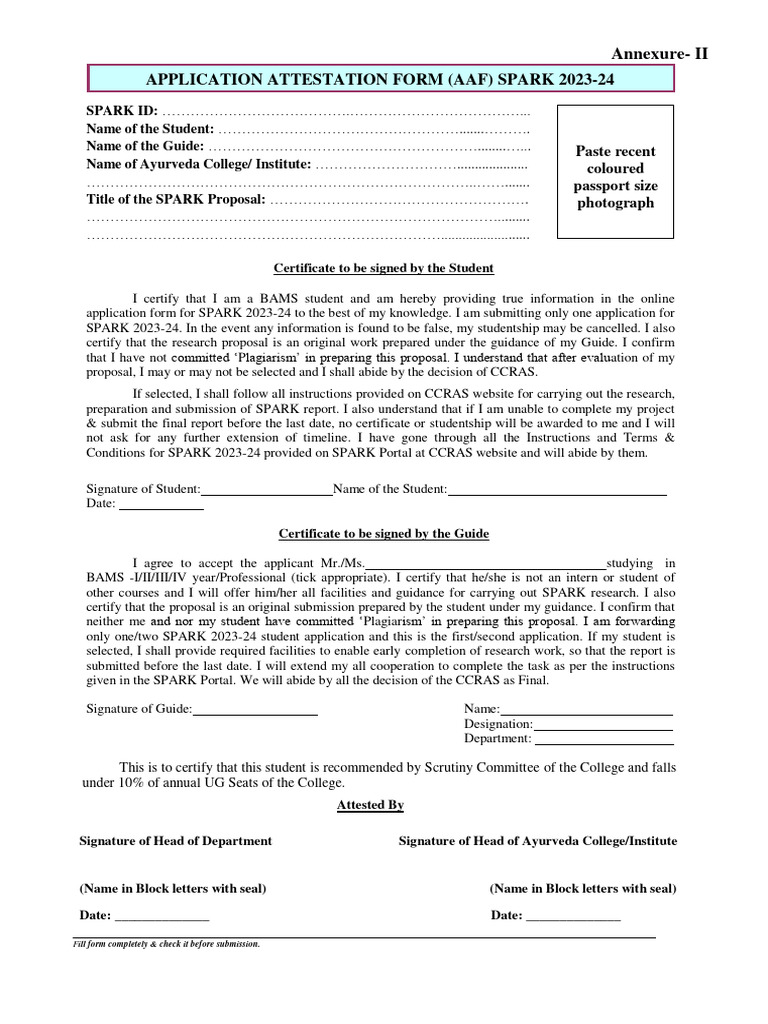 Application Attestation Form (Aaf) Spark 2023-24: Annexure-II | PDF ...