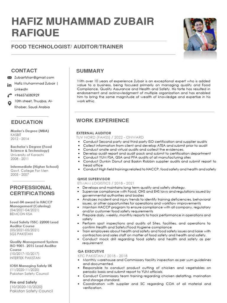 Hafiz Zubair Updated Resume - 2022 PDF | PDF | Food Safety | Hazard Analysis And Critical ...