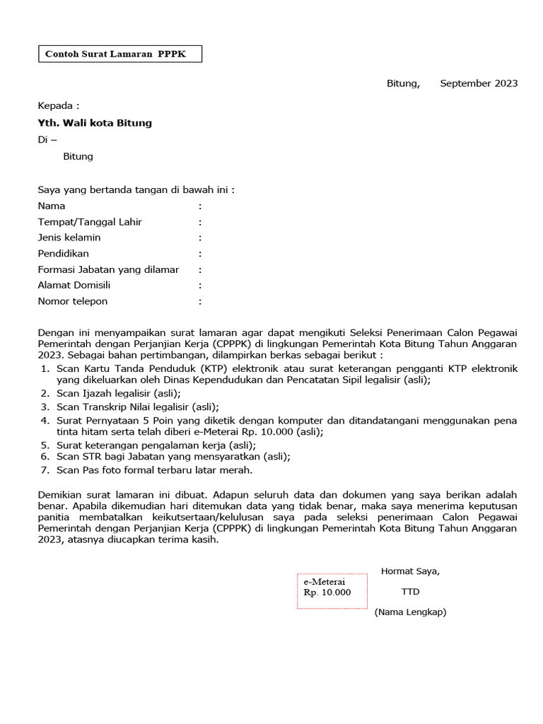 Contoh Surat Lamaran PPPK Bitung 2023 | PDF