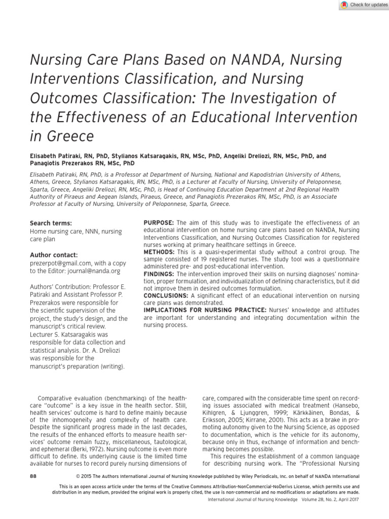 Int J of Nursing Knowl - 2015 - Patiraki - Nursing Care Plans Based On ...