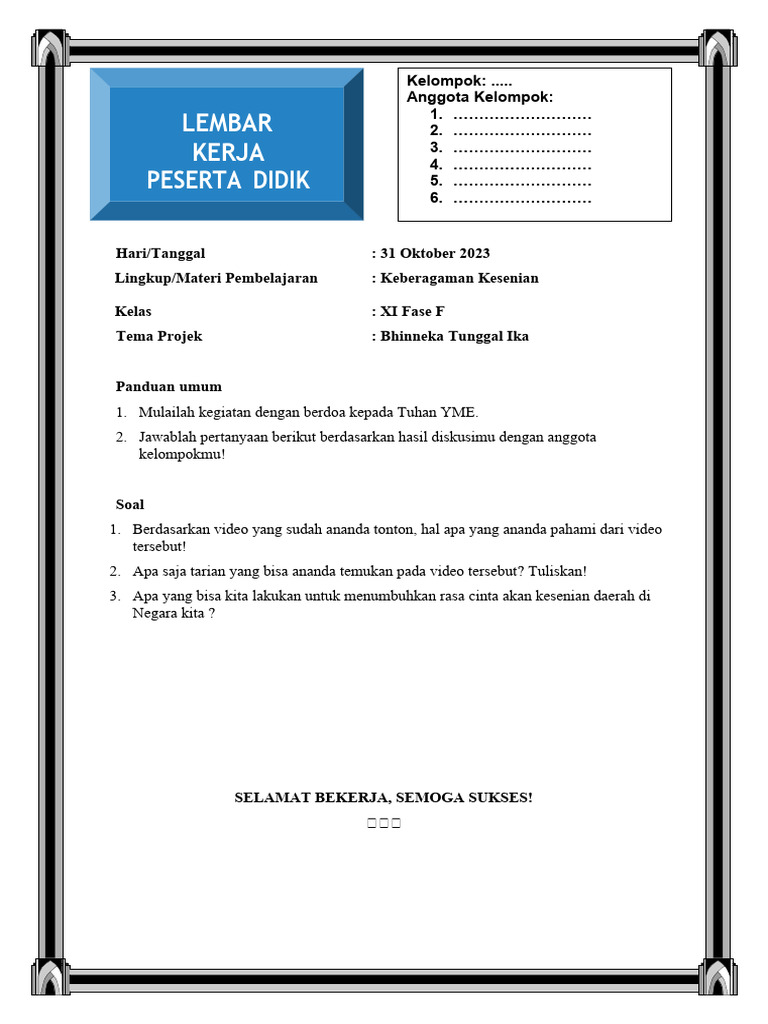 LKPD Keberagaman Kesenian | PDF | Karier & Perkembangan | Griya & Taman