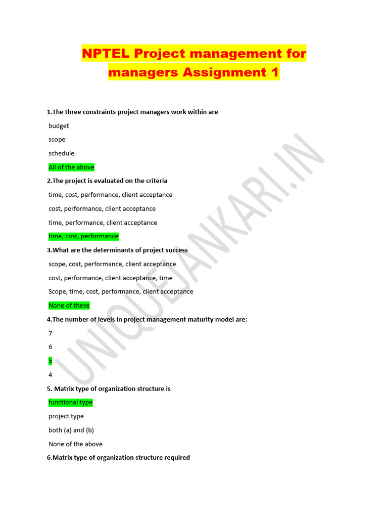 NPTEL Project Management For Managers Assignment 1 | PDF