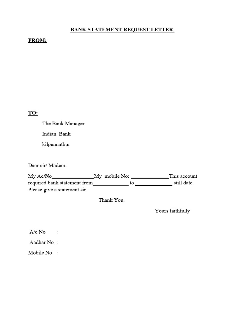 Indian Bank Statement Request Letter | PDF