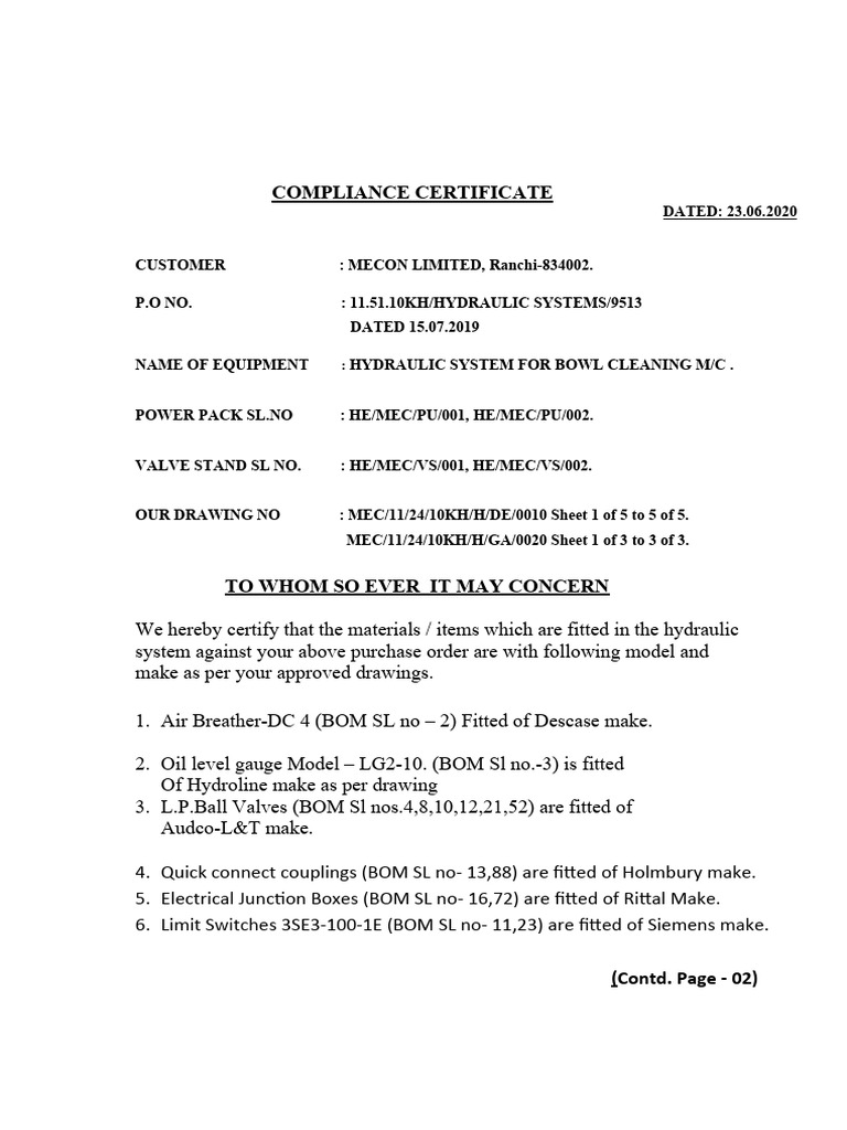 MECON-Compliance Report | Download Free PDF | Machines | Hydraulics