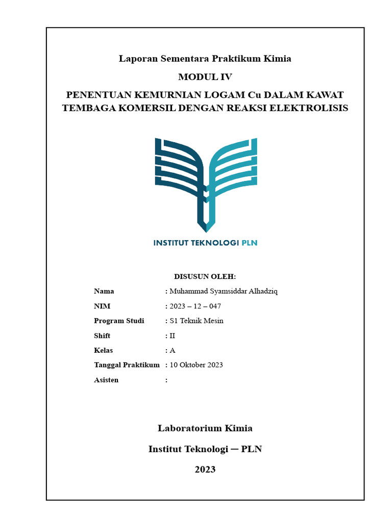 Laporan Sementara Praktikum Kimia Modul Iv Penentuan Kemurnian Logam Cu ...