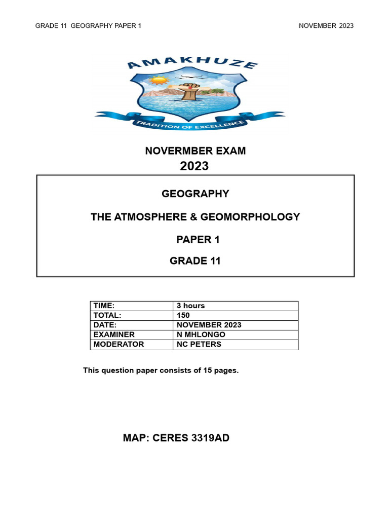 Nov EXAM GR 11 QUESTION PAPER PW | PDF | Geography | Cartography