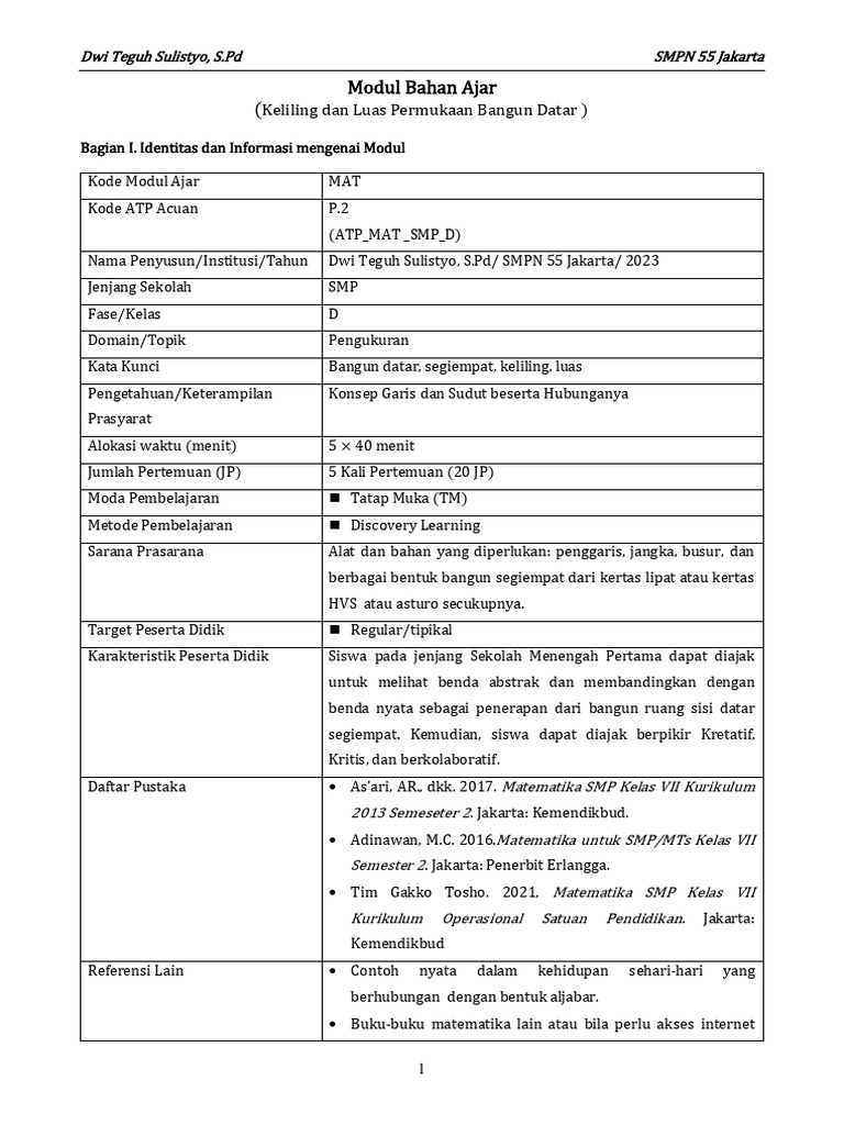 Keliling & Luas Bangun Datar Segiempat | PDF | Karier & Perkembangan | Metode & Bahan Ajar