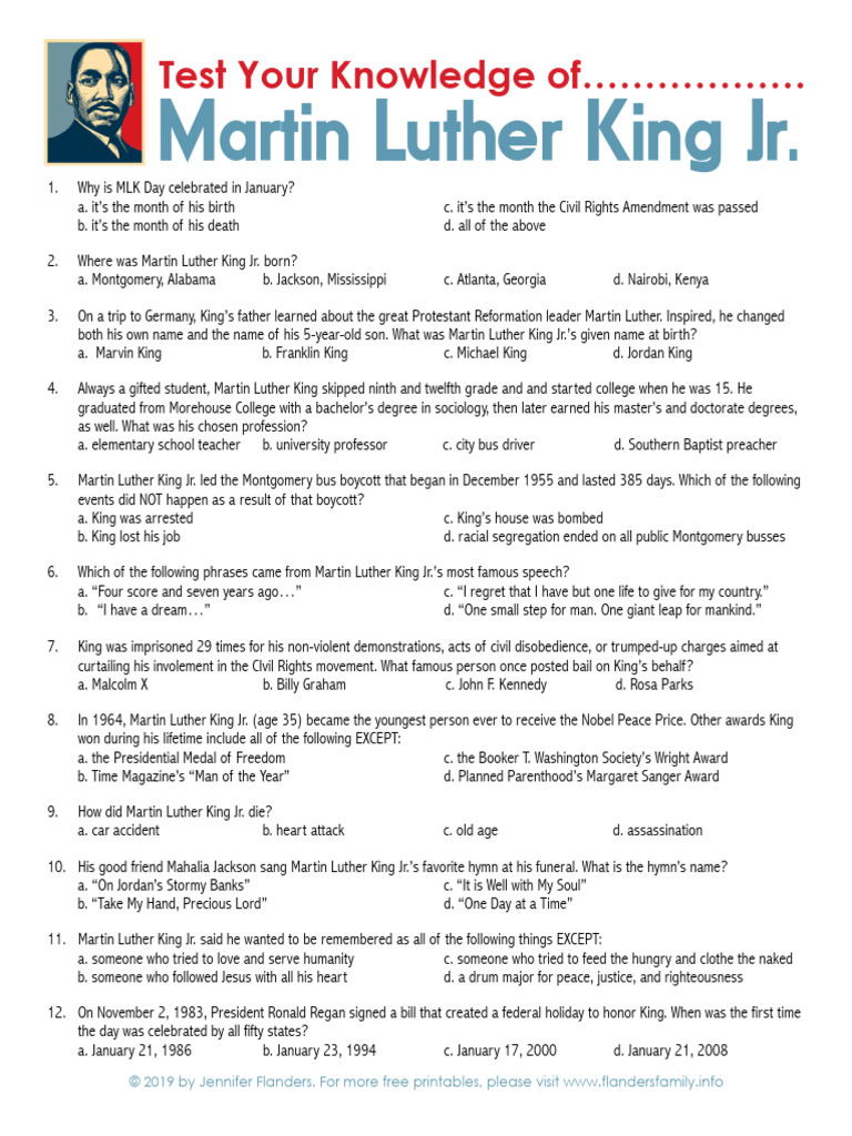 MLK Day Quiz | Download Free PDF | Martin Luther King Jr. | Montgomery
