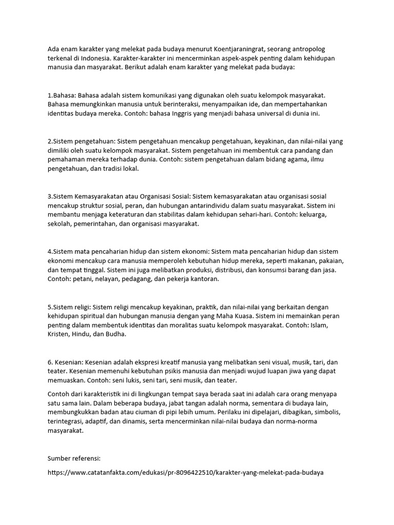 Ada Enam Karakter Yang Melekat Pada Budaya Menurut Koentjaraningrat | PDF